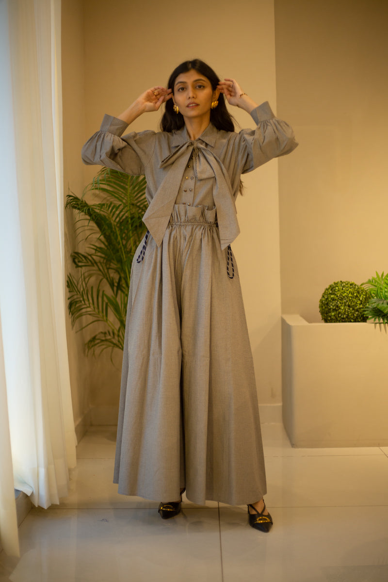 Sara Check Bow Tie Shirt with Drawstring Pant Set – Kranberra